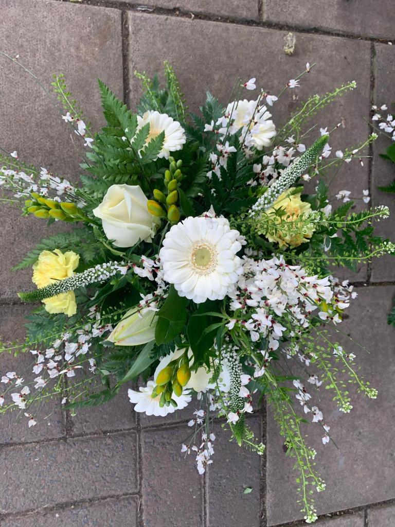 Oasis Spring Posy: Tulips, Scented Ginesta, Veronica & Mini Gerbra.