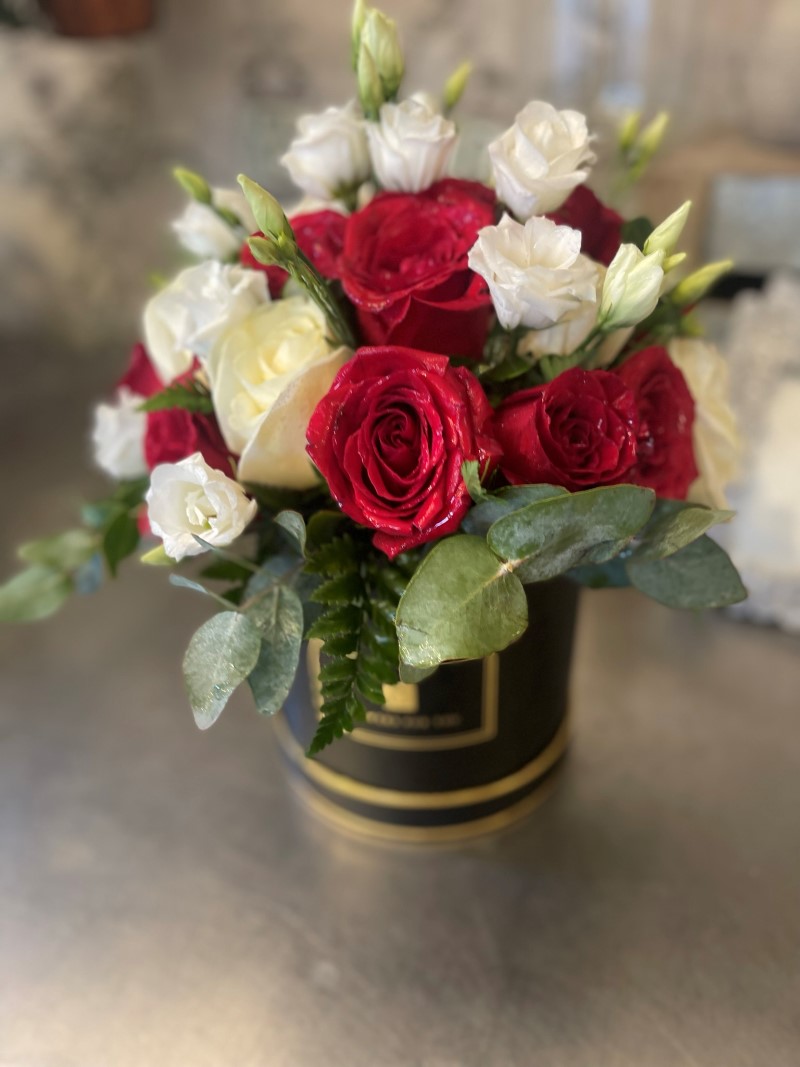 Red and White Hat Box - Bloxhams Florists